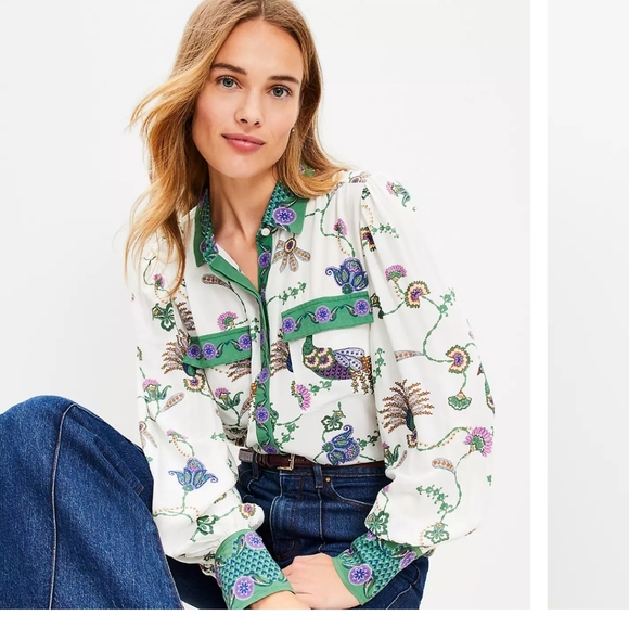 LOFT | Tops | Loft Peasant Crepe Pocket Shirt With Peacock And Paisley ...